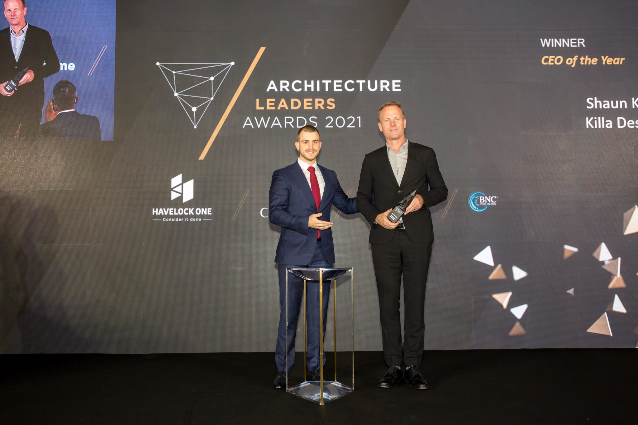 Shaun Killa lifts the CEO of the Year trophy at Architecture Leaders ...